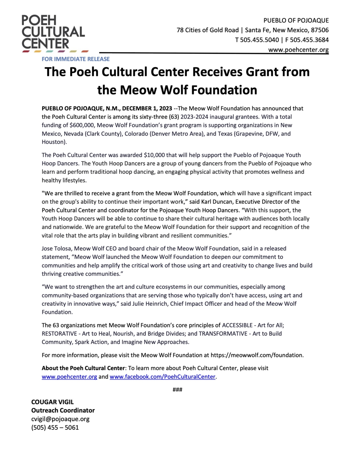 The Poeh Cultural Center Receives Grant from the Meow Wolf Foundation ...